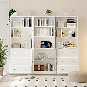 TUSY 71" Bookshelf Bookcase, 3-Tier Modern Bookshelves 3 Large Drawer, Wood Filing Cabinet with Open Storage Shelf, Glass Doors 5-Tier Fixed Storage Shelves for Home Office