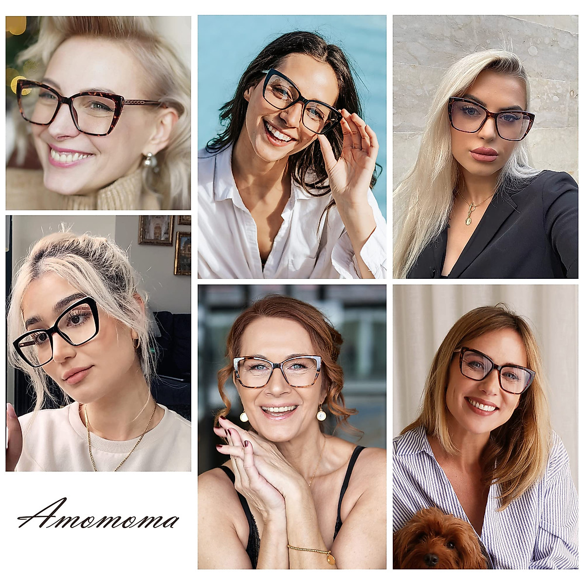 AMOMOMA Trendy TR90 Oversized Blue Light Reading Glasses Women,Stylish Square Cat Eye Glasses AM6031 C1+C6 1.5 x