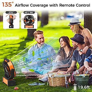 Camping Fan with Light - 20000mAh Rechargeable Battery Fan, 112Hrs Max Run Time, 9 Speeds, Digital Display, Timer, Auto Oscillation, 270° Pivot & Hook for Camping, Power Outage, Hurricane (Orange)