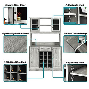 LAZZO Kitchen Buffet with Hutch, Kitchen Hutch Sideboard, Buffet Cabinet with Wine Rack Drawer Glass Door, Freestanding Kitchen Pantry Storage Cupboard with Open Shelves & Countertop for Home Hallway