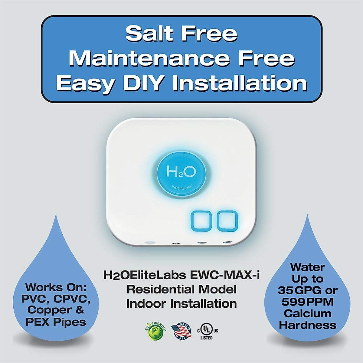 H2OEliteLabs EWC-Max I Electronic Water Conditioner, Salt-Free Hard Water Softener Alternative, Whole House Descaler, Protects Against Limescale Buildup