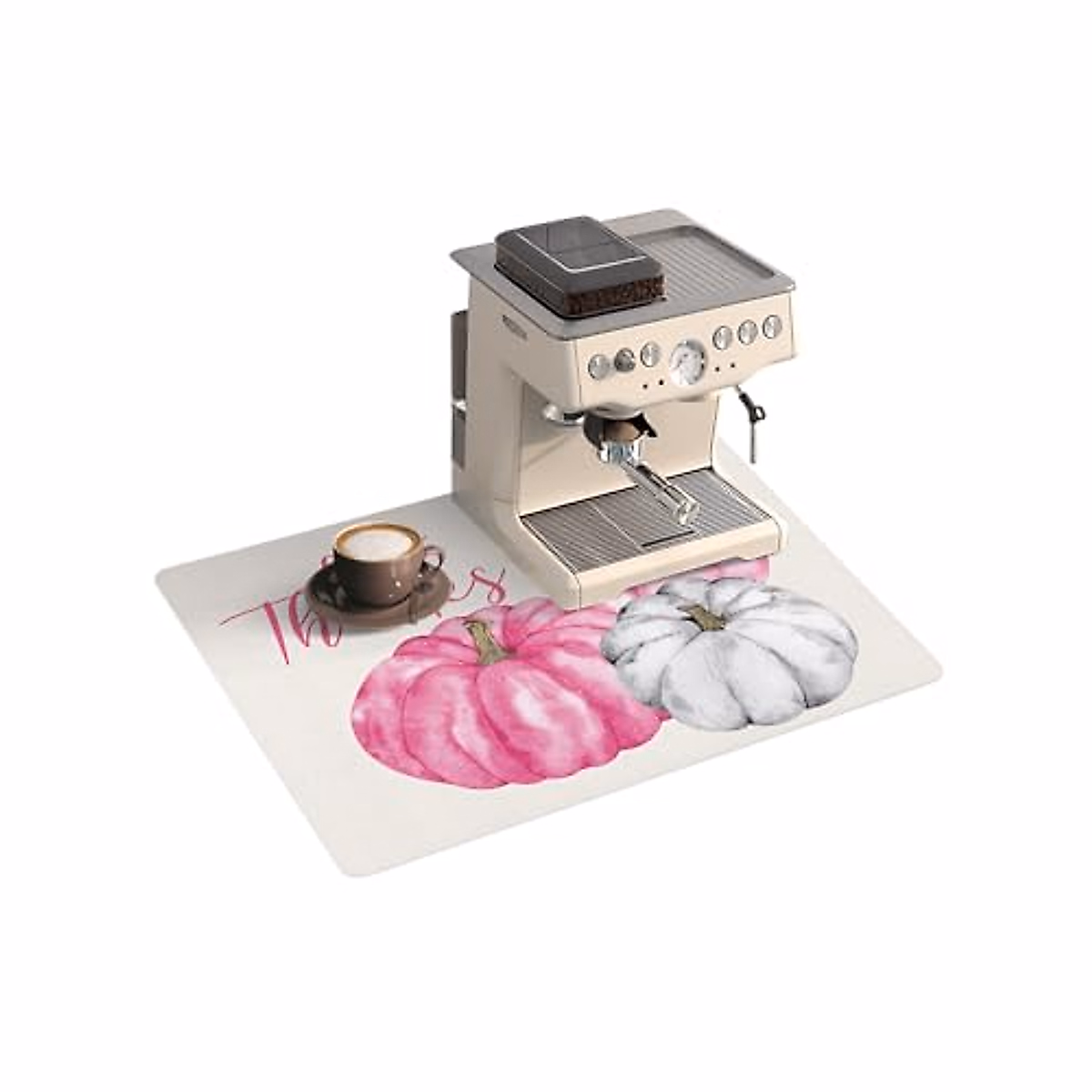 Coffee Mat for Counter, Give Thanks Pink and White Watercolor Pumpkins Absorbent Hide Stain Coffee Bar Mat, Non-slip Coffee Bar Accessories Kitchen Drying Mat Fit Under Coffee Maker Espresso Machine