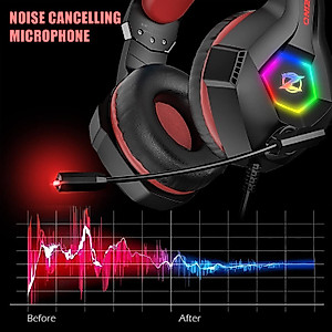 Ozeino Gaming Headset for PC, Ps4, Ps5, Xbox Headset with 7.1 Surround Sound, Gaming Headphones with Noise Cancelling Mic RGB Light Over Ear Headphones for Xbox Series X/S, Switch -Red