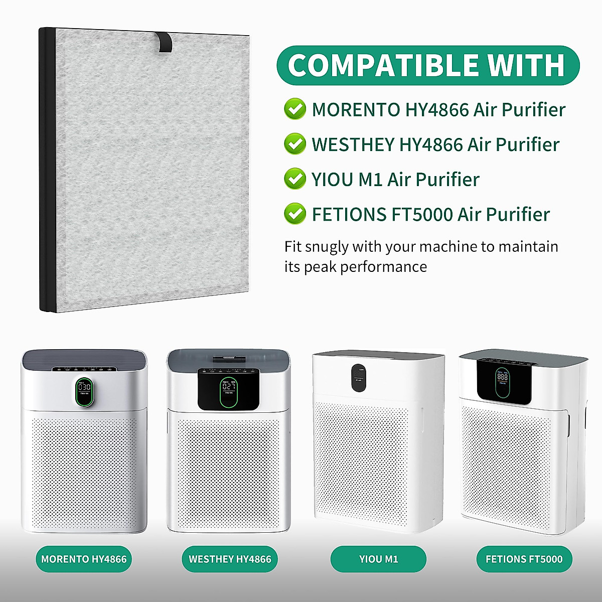 XBWW 4 Packs HY4866 True HEPA Replacement Filter Compatible with MORENTO HY4866, WESTHEY HY4866, YIOU M1 and FETIONS FT5000 Air Cleaner Purifiers, Pet Dander Version, Green