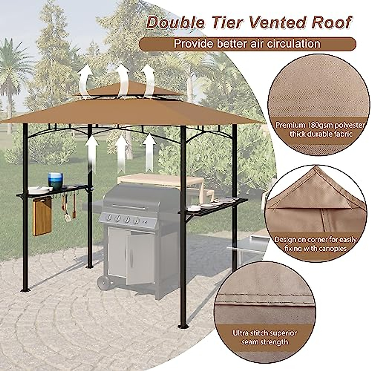 Outdoor Canopy Tent - 8 x 5 FT Grill Gazebo with Air Vent - BBQ Grill Party Tent with Shelves - Patio Canopy Tent - Double Tiered Soft Top and Rustproof Steel Frame - Hooks and Bottle Opener - Khaki