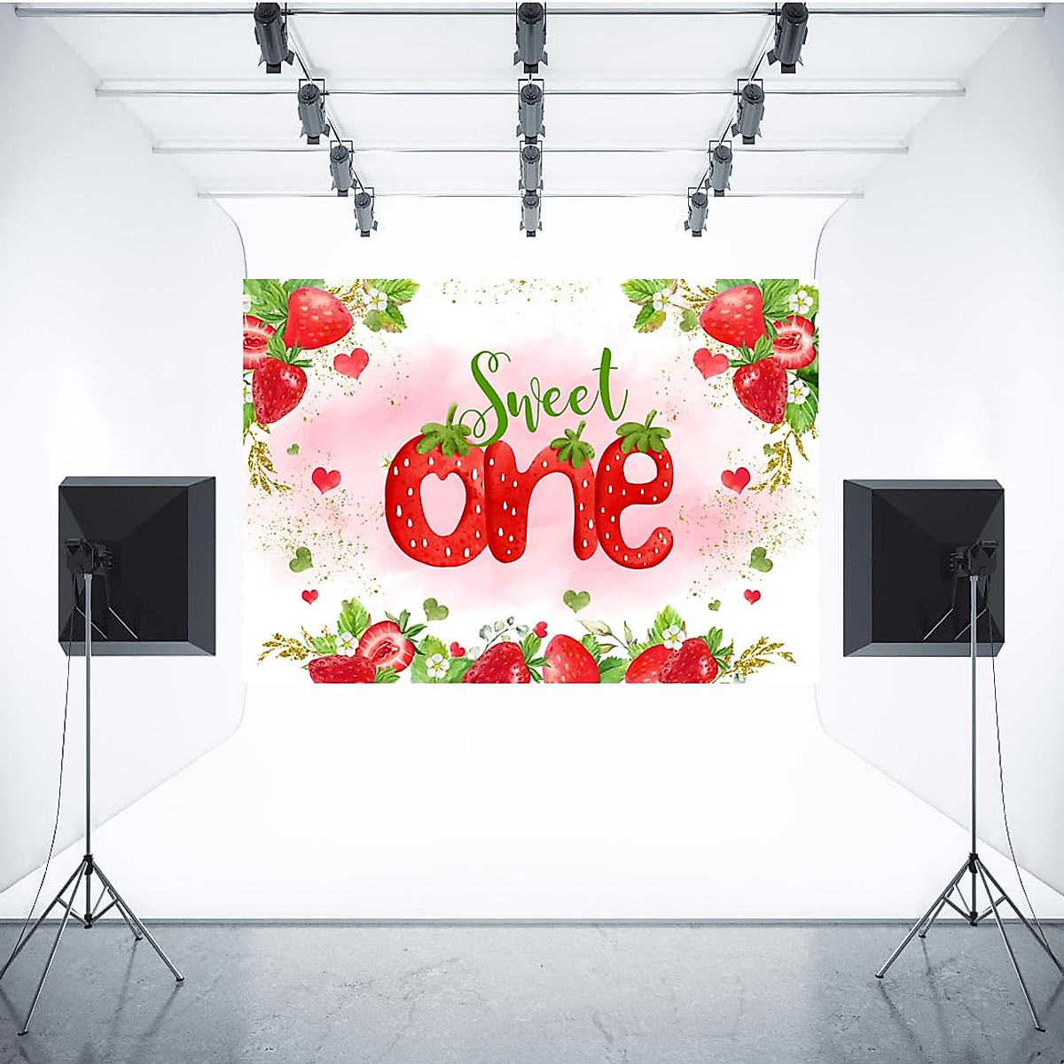 Aperturee 7x5ft Strawberry 1st Happy Birthday Backdrop for Girl Sweet One Photography Background First Birthday Party Berry Sweet Girl 1st Bday Red and Green Fruits Banner Favors Photo Booth Props