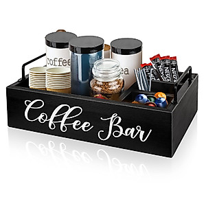Coffee Station Organizer Wooden Coffee Bar Organizer for Countertop, Coffee Bar Accessories Organizer Farmhouse Kcup Coffee Pod Holder Storage Basket with Handle - Black