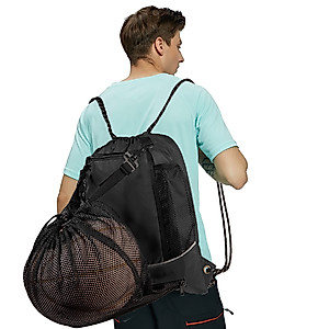 BeeGreen Black Basketball Backpack Drawstring Bag Basketball Accessories String Bag w Hidden Ball Net Gym Sports Cinch Sack w Bottle Holder & Zipper Pockets Workout Equipment Bags for Volleyball Men