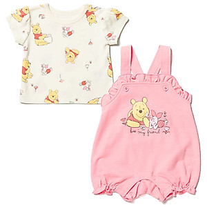 Disney Piglet Winnie the Pooh Newborn Baby Girls French Terry Short Overalls and T-Shirt Pink/White 0-3 Months