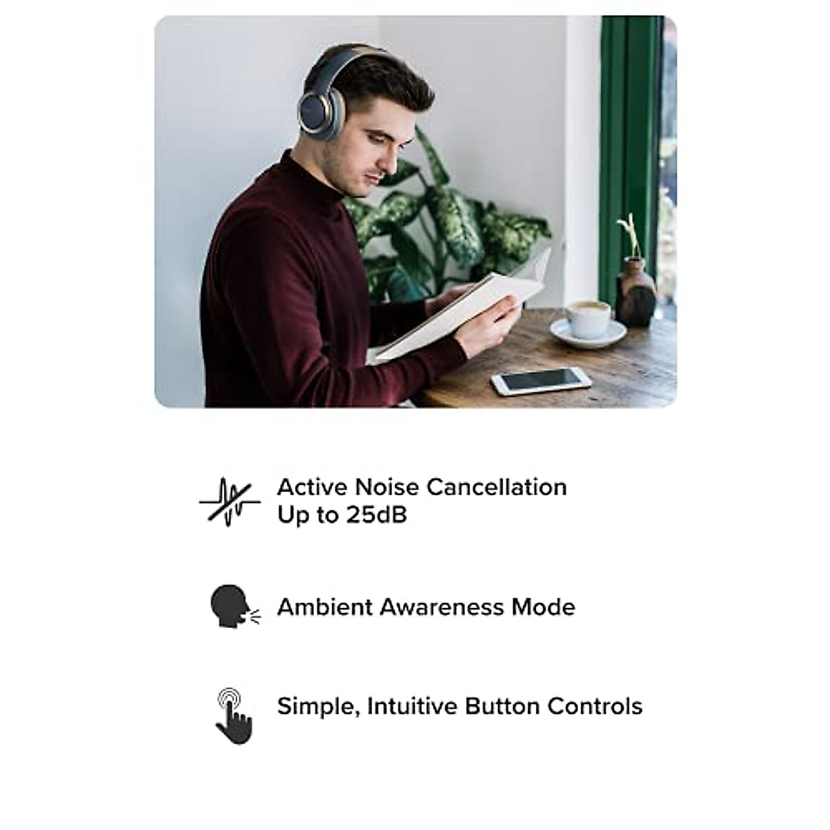 Cleer Audio, Enduro ANC Noise Cancelling Headphones, Long Lasting 60 Hour Battery, Ambient Sound Levels, Bluetooth Headphones, Smart Controls App - Dark Navy