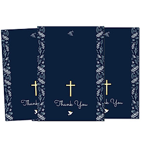 Elcer 20 Christian Thank You Cards Religious Catholic acknowledgment Notes Navy Blue & Gold Holy Communion Baptism Confirmation Christening Reconciliation Funeral with envelopes 8x5.5 (Navy Blue)