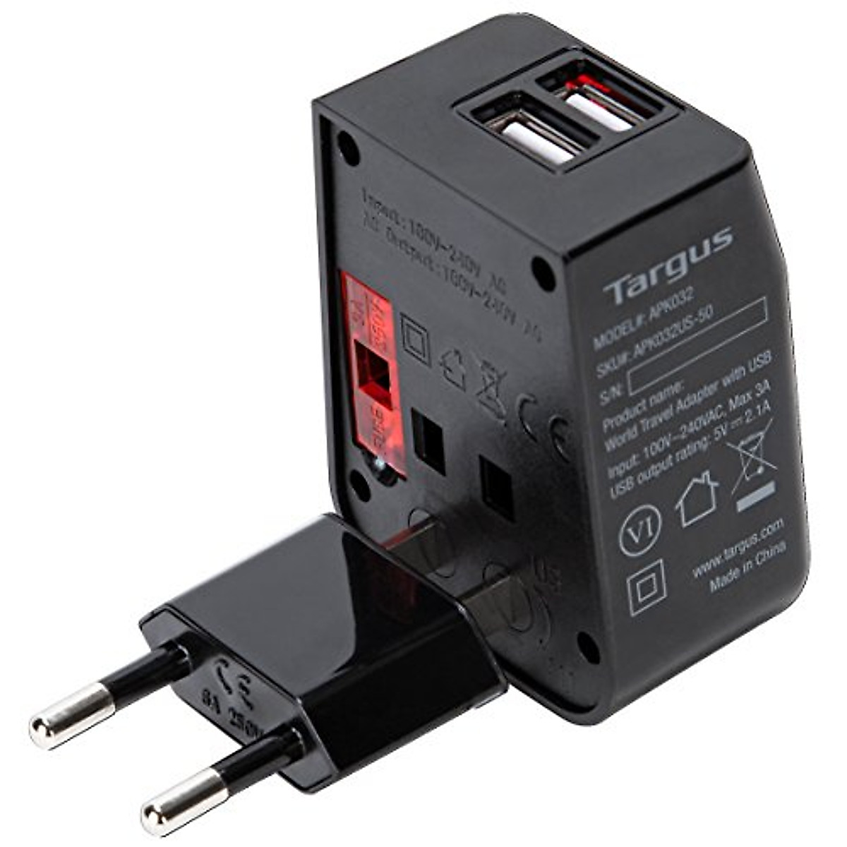 Targus World Travel Power Adapter with Dual USB Charging Ports for Laptop, Phone, Tablet, or Other Mobile Device (APK032US)