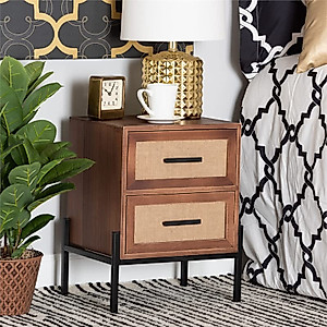 Baxton Studio Paxley Walnut Brown Wood and Beige Fabric 2-Drawer End Table