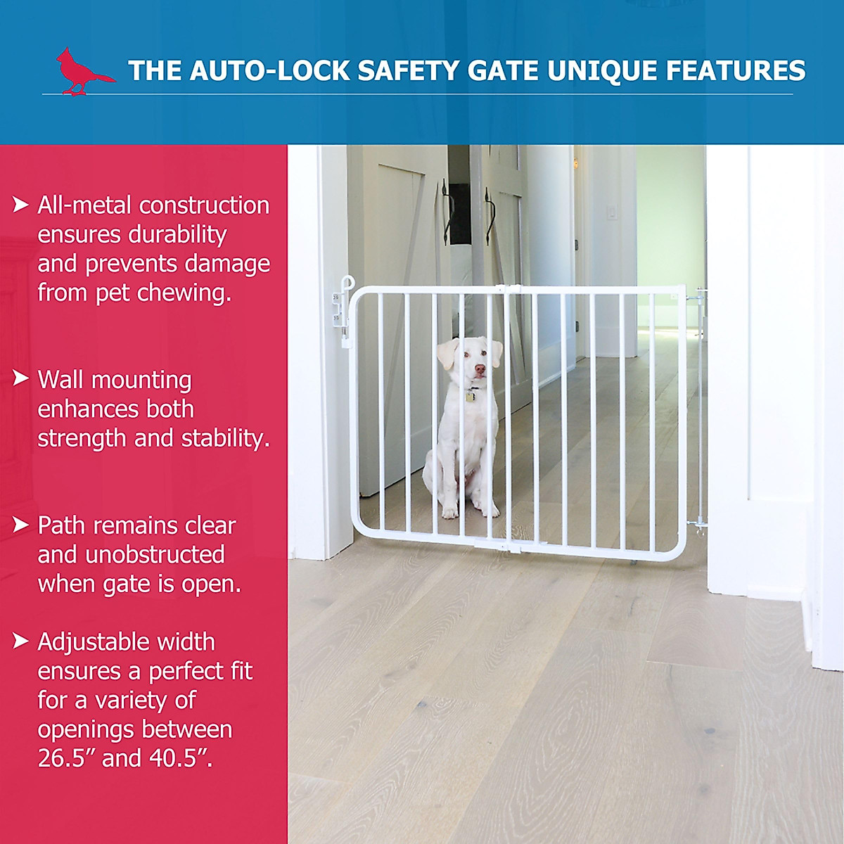 Cardinal Gates MG15 Auto-Lock Baby Gate - Adjustable Indoor Dog Gate - Aluminum Safety Gate for Kids & Pets - 26.5 to 40.5 Inches Wide - White