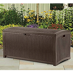 Suncast Multipurpose 73 Gallon Wicker Resin Home Outdoor Backyard Patio Storage Deck Box with Secure Lockable Lid, Mocha (2 Pack)