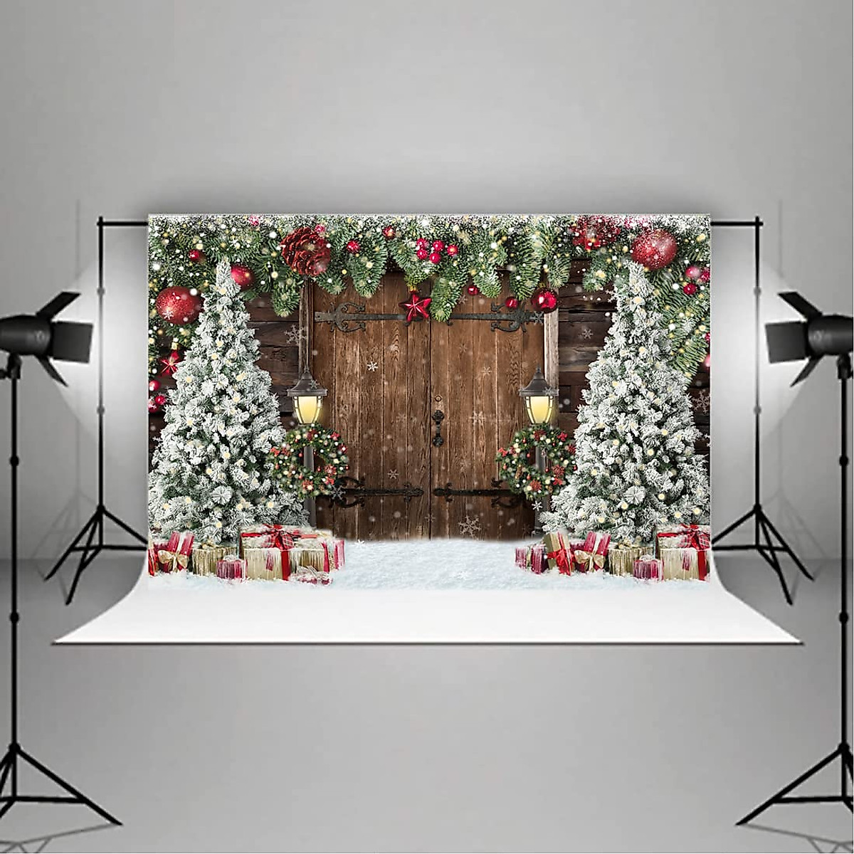 Lofaris Winter Christmas Backdrop Xmas Photography Backdrop Rustic Barn Wood Door Backdrop Xmas Tree Snow Gift Bell Kids Adult Family Supplies Banner Party Baby Shower Decoration Background 9x6ft