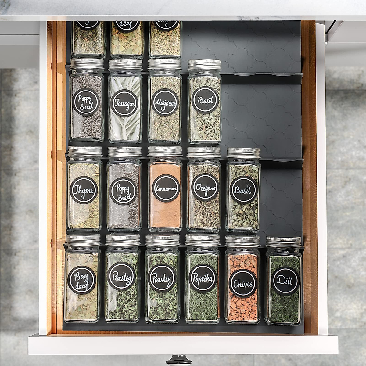 Kitsure Spice Rack, Spice Drawer Organizer with 24 Spice Jars, 216 Spice Labels and Chalk Marker, 4 Tier Seasoning Rack Tray Insert for Kitchen Drawers, 11.8" Wide x 1.18" Deep