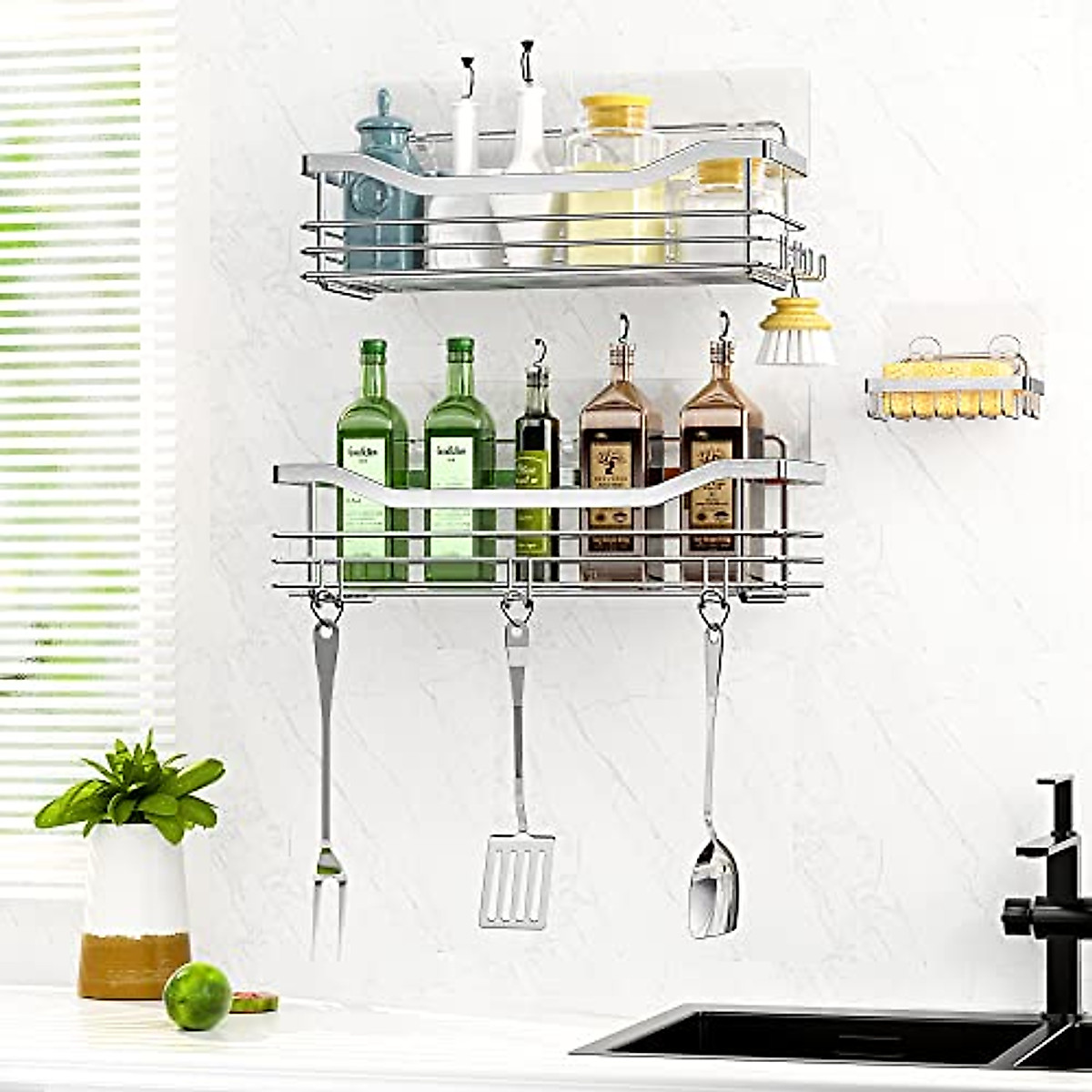 Orimade Shower Caddy Basket Soap Dish Holder Shelf with 5 Hooks Bathroom Organizer Shelf Kitchen Storage Rack Wall Mounted Adhesive No Drilling Rustproof SUS304 Stainless Steel - 3 Pack