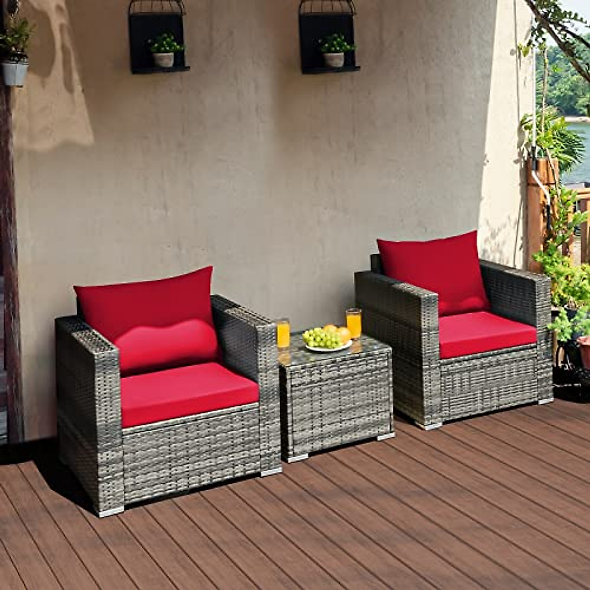 SAWQF 3 PC Patio Rattan Furniture Bistro Set Cushioned Sofa Chair Table Red