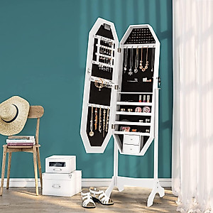 NAFORT Geometric LED Jewelry Cabinet, Standing Full Screen Mirror Vanity Cabinet with 2 Drawers Storage, Lockable Touch Screen Led Lighting, Lockable 2-in-1 Mirror Jewelry Organizer (White)