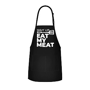 Funny BBQ Apron for Men - Shut Up And Eat My Meat - Adjustable Large 1 Size Fits All - Poly/Cotton Apron with 2 Pockets - BBQ Gift Apron for Father, Husband, Chef