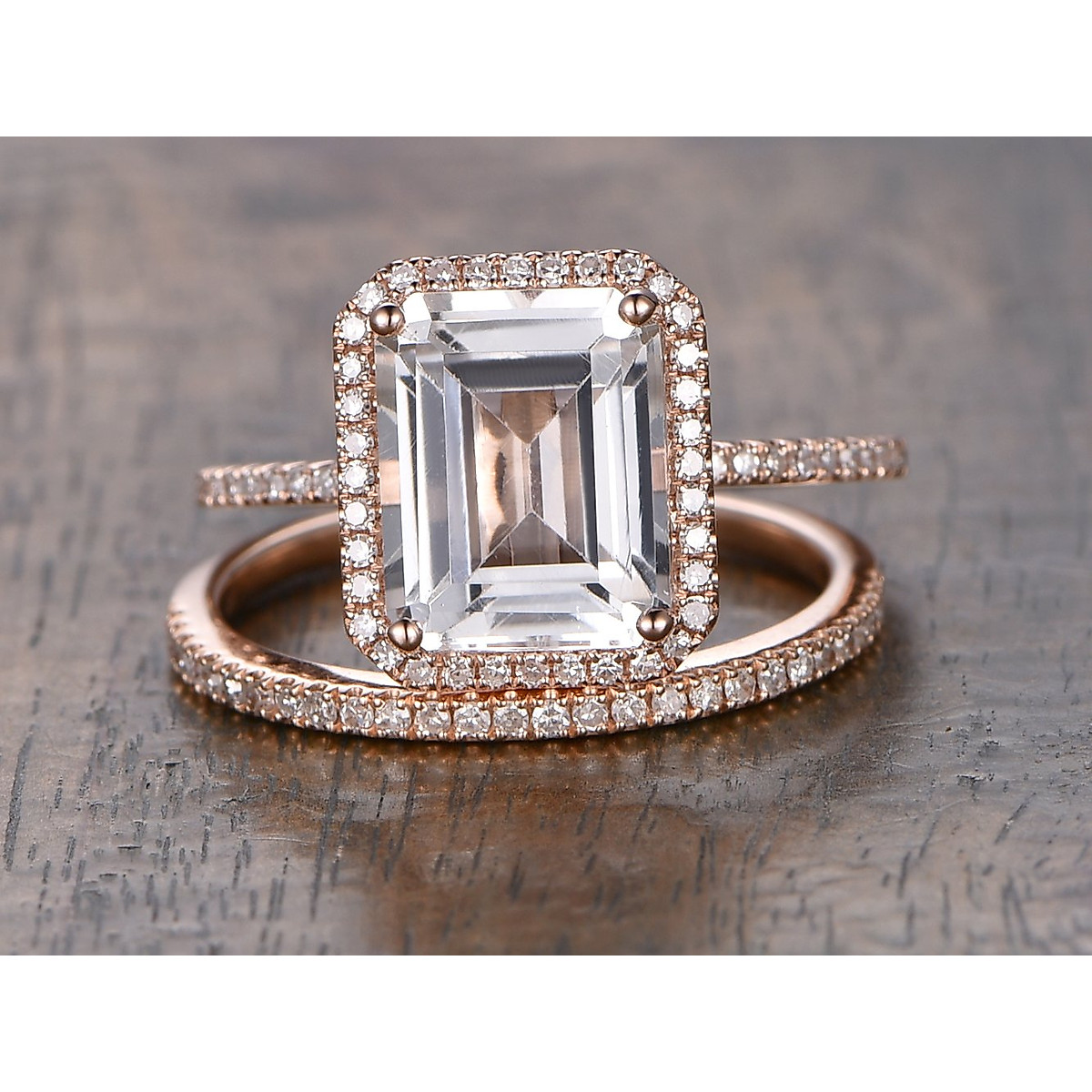 White Topaz Engagement Ring Set Diamond wedding ring 14K Rose Gold 10x8mm Emerald Cut Stone Promise