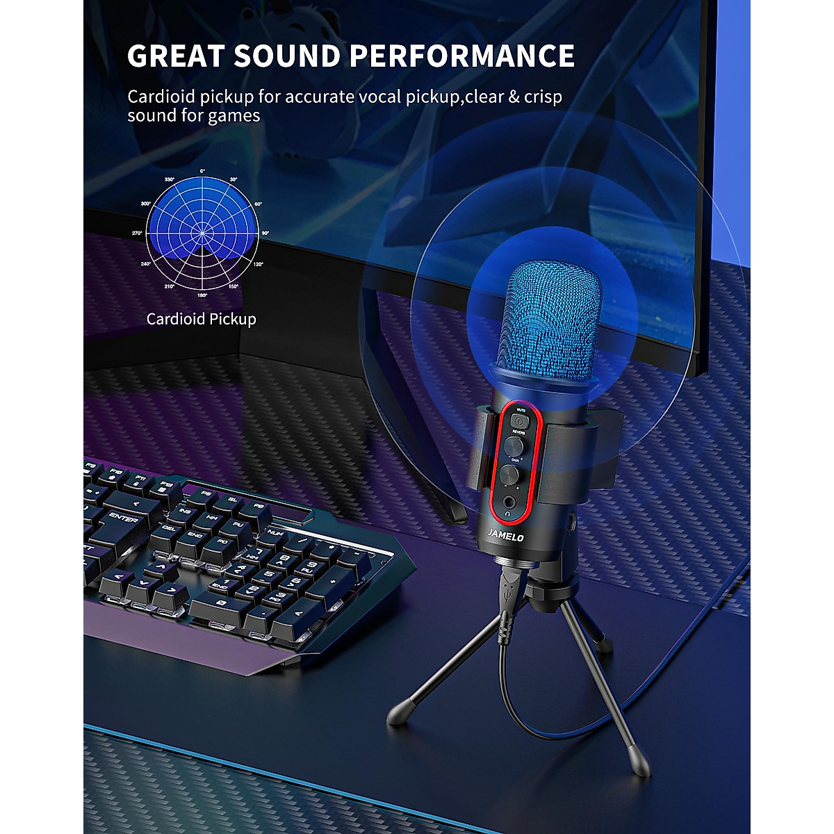 JAMELO Gaming Microphone, USB Computer Condenser Mic for PC/Laptop/Phone/PS4/5, RGB, Headphone Output, Volume Control,Plug and Play, Mute Button, for Streaming, Podcast, Studio Recording