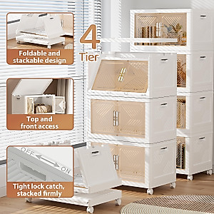 Foldable Storage Bins with Lids 76QT, Stackable Storage Containers with Wheels and Magnetic Doors, Plastic Clothes Closet Organizers and Storage Box for Room, Pantry, Home and Office (4 Pack)