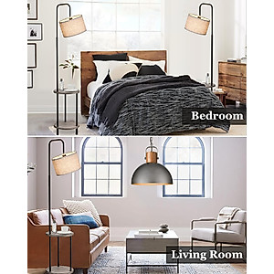 ELYONA Modern Floor Lamp with End Table, Rubber Wood Bedside Table Lamp with Adjustable Drum Shade, Rustic Tall Pole Shelf Reading Standing Light for Farmhouse Bedroom, Living Room, Office - Walnut