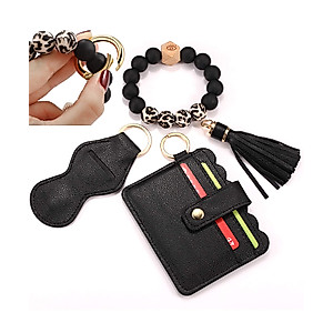 BVGA Wristlet Keychain Bracelet with Wallet，Silicone Bead keyring Bracelet Bangle Car Key Ring Holder Tassel Keyring for Women