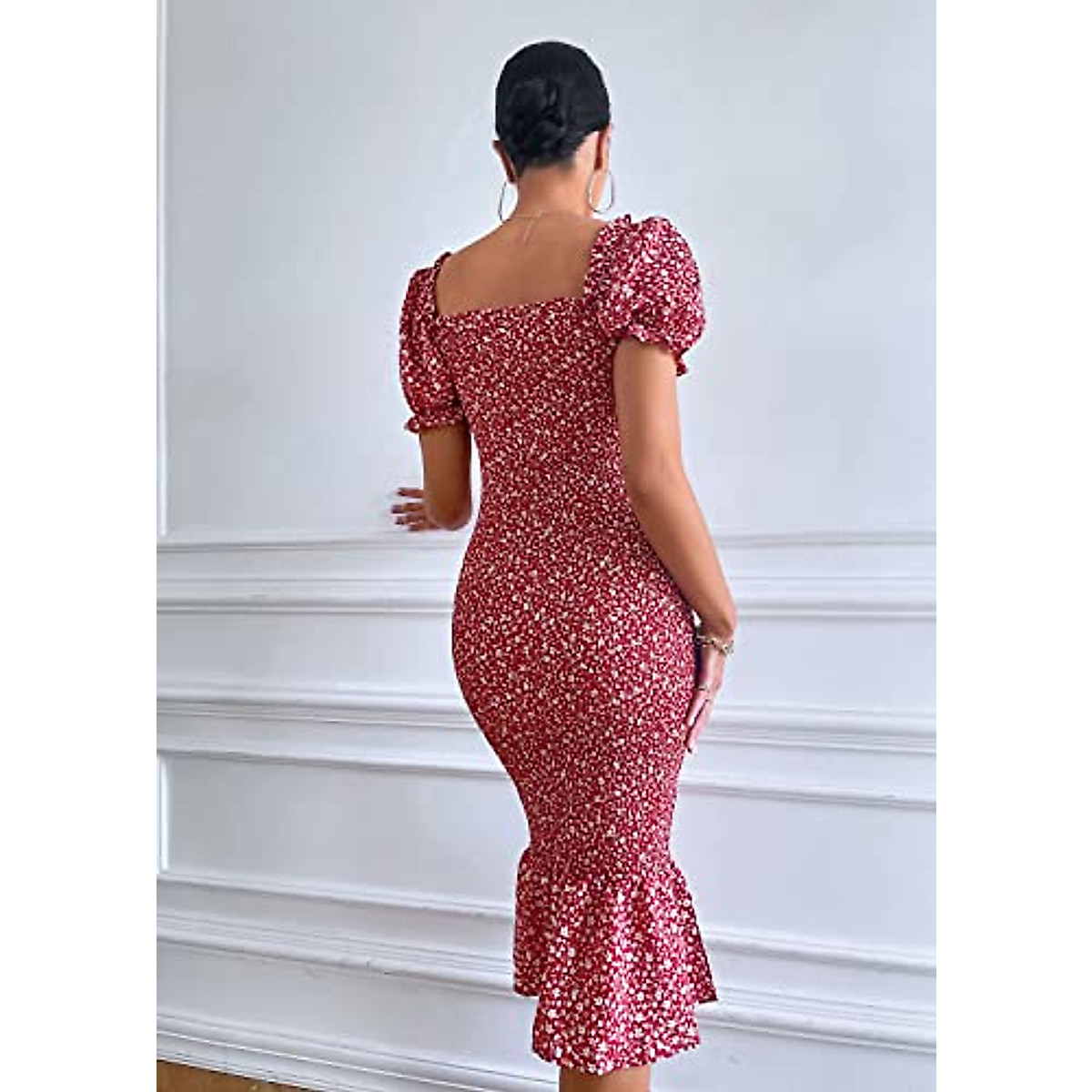 PRETTYGARDEN Women's Summer Floral Midi Bodycon Dresses Short Puff Sleeve Square Neck Ruffle Hem Mermaid Cocktail Dress (Red,Large)