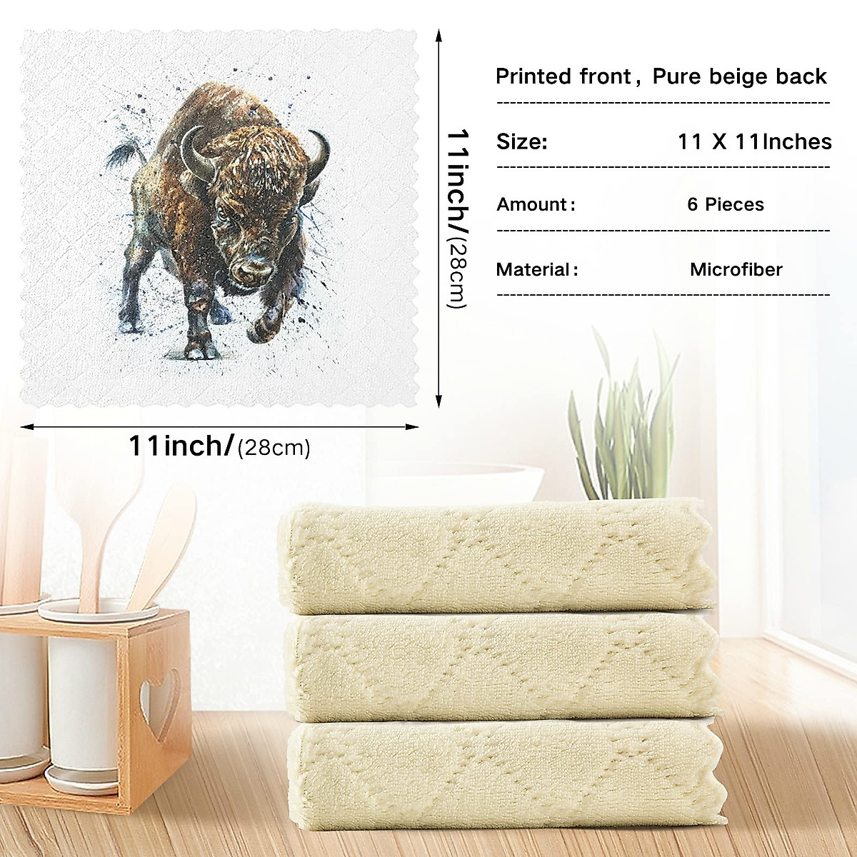 Watercolor Angry Buffalo, Bison, Bull, Wild Animal Paint on White Pack of 6 Pcs Kitchen Dish Towels, Absorbent Soft Dishcloths for Bar cafe Car Table Chair Window Washable Towels 11 x 11 inches