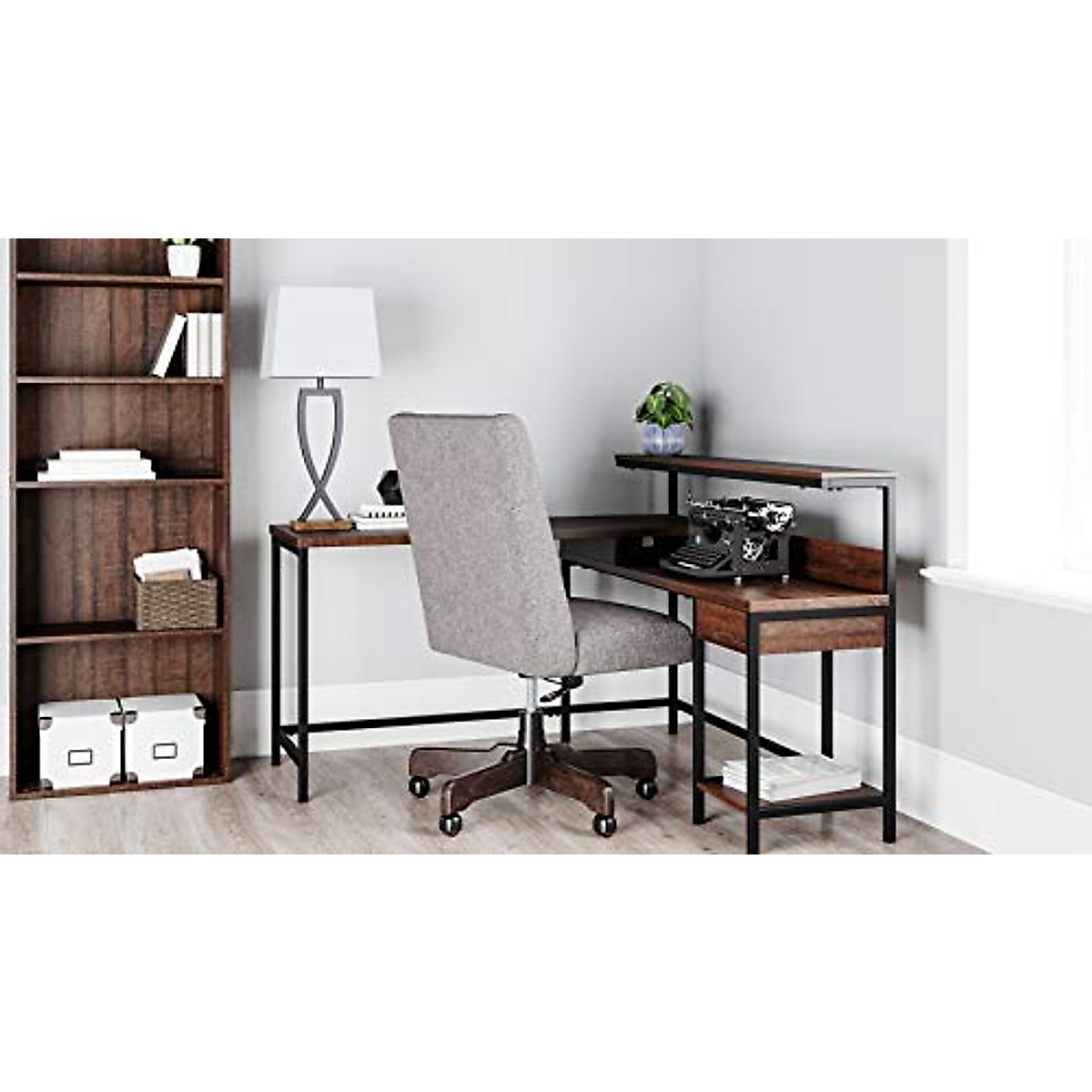 Signature Design by Ashley Camiburg Modern L-Shaped Home Office Desk, Warm Brown