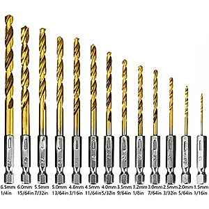 Titanium Twist Drill Bit Set - 13 Pcs Hex Shank High Speed Steel， Premium 4341 HSS Titanium Impact Hex Drill Bits for Wood, Steel, Metal, Plastic, Quick Change Design (1/16”-1/4”)