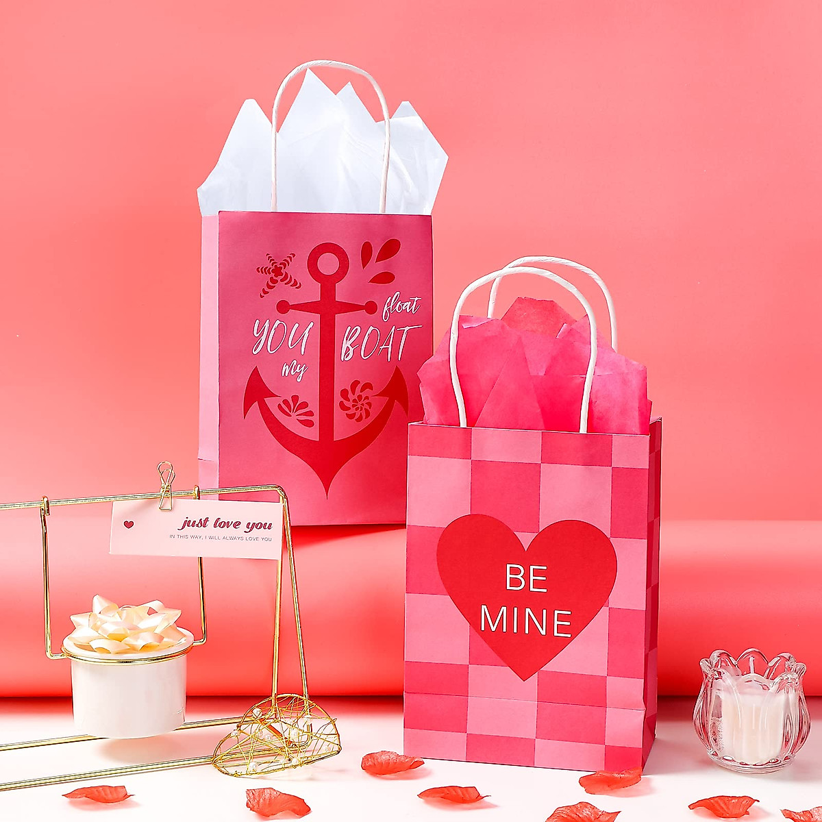 ECOptimize Gift Bag with Tissue Paper for Valentine's Day - 24 PCS Small Size(5.9"x3"x8") - Eco-Friendly Kraft White Paper Bag with Handle for Retail, Gift, Shopping & Party Favors(Pink, Red, Heart) - Double Side Pattern
