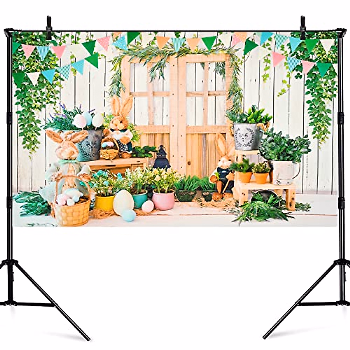 WENMER 5X7ft Spring Easter Backdrop, Garden Easter Egg Rabbit Photography Background Rustic Wooden Door Easter Bunny Flower Photo Backdrop for Easter Kids Children Newborn Baby Pet Portrait Photo
