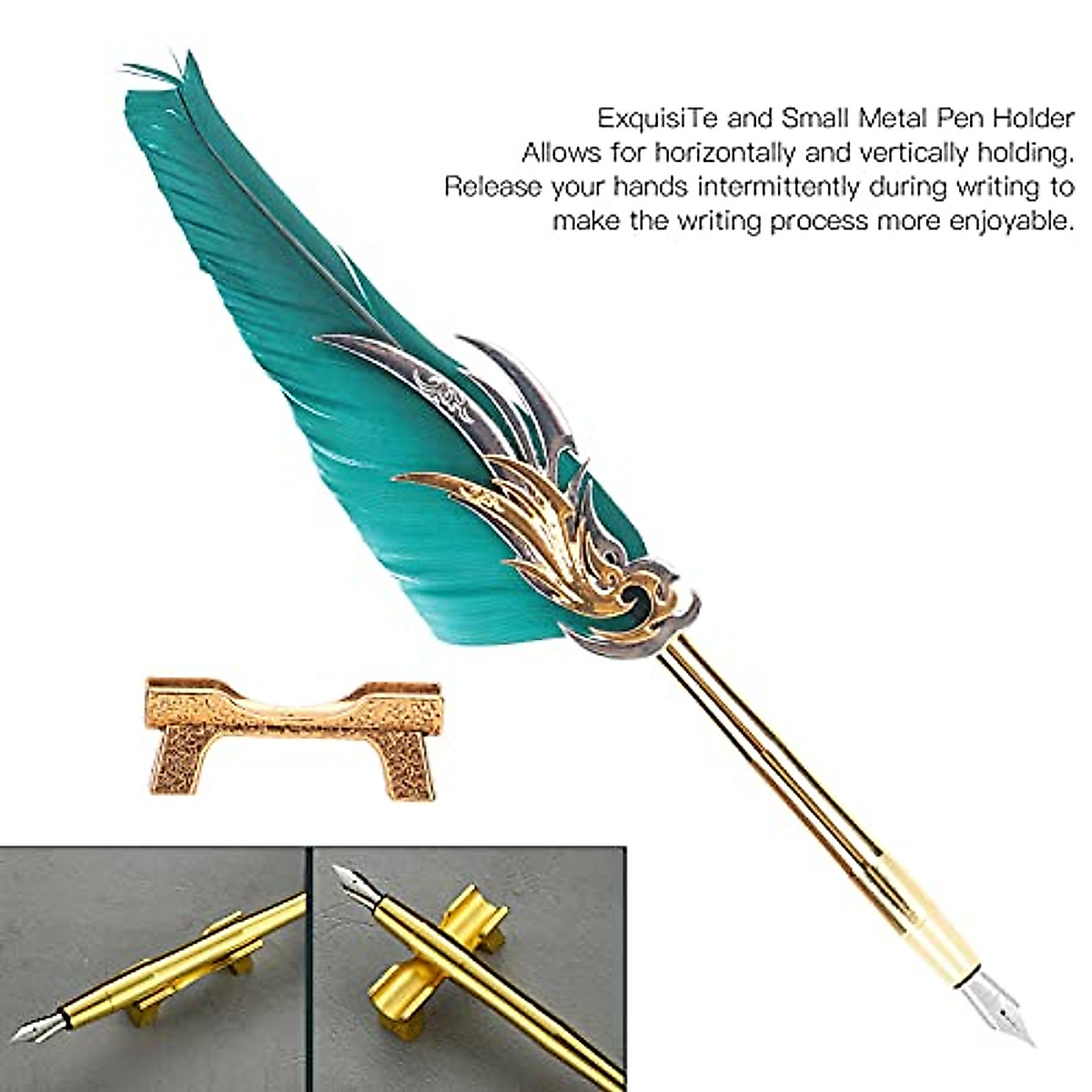 Zyyini Writing Feather Pen, Metal Retro Dip Quill Kit, Feather Pen Ink Set, for Calligraphy, Signature(Dark Green, Polar Animals)