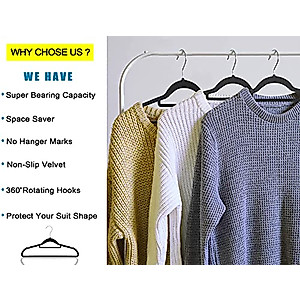 GVTECH Premium Velvet Hangers, [50 Pack] Non Slip and Heavy Duty Velvet Suit Hangers (45cm) with Tie Bar, 360° Swivel Hooks, Sturdy to Hold Jumper, Pullovers, Jackets & Hoodies (50 Pack, Black)