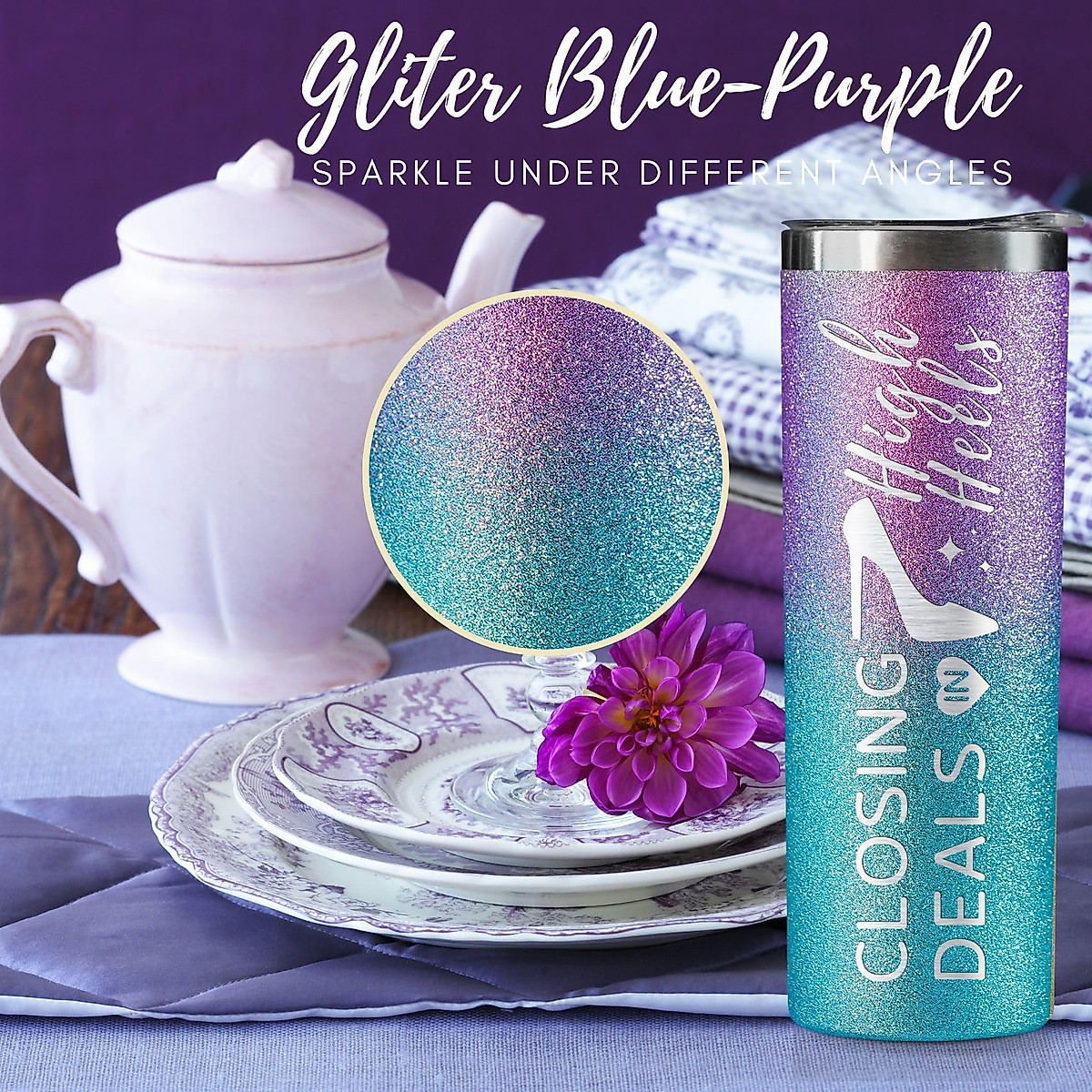 Onebttl Realtor Gifts for Women, Clossing Deals In High Heels, Funny Gifts for Real Estate Agent, Salesman, Boss, Coworkers, Employees, 20 Oz Stainless Steel Tumbler, Glitter Purple