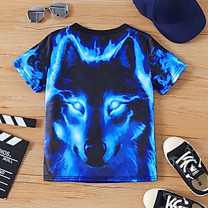 PATPAT Boys Shirt Short Sleeve Novetly 3D Graphic Print Wolf Cool Tee Top Size 10-11Years