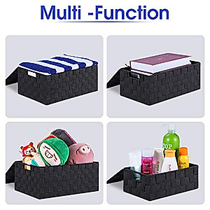 LEAVINSKY Nylon Woven Box, Woven Storage Baskets Box Bin Container, Nylon Storage Basket Box with Lid, Stackable Storage Basket Woven Strap Organizer Built-in Carry Handles (Black)