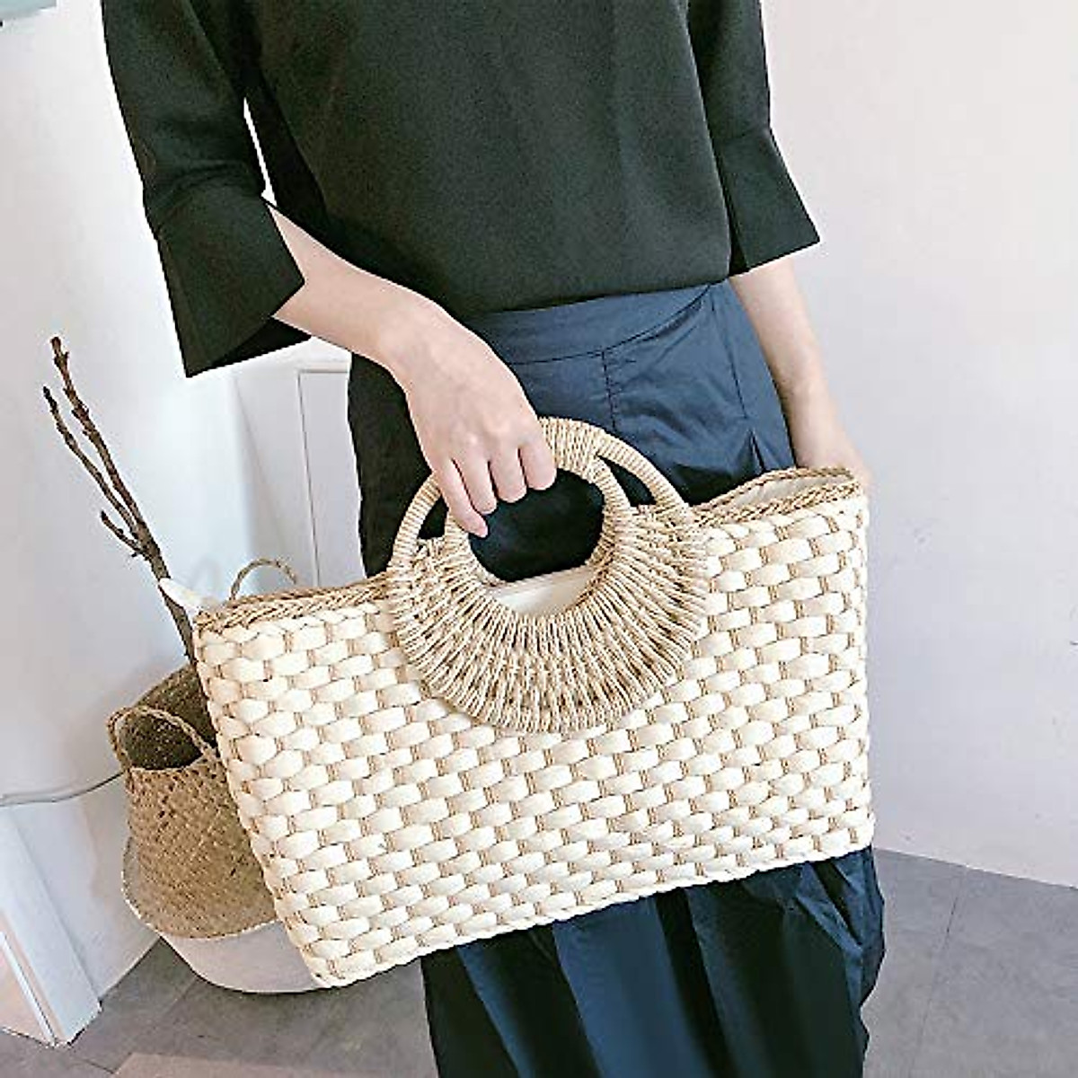 QTKJ Women Summer Retro Straw Bag with Zip Hand-woven Beach Handbag Top Round Handle Boho Tote Bag Shopping and Travel Large Bag (Beige 2)