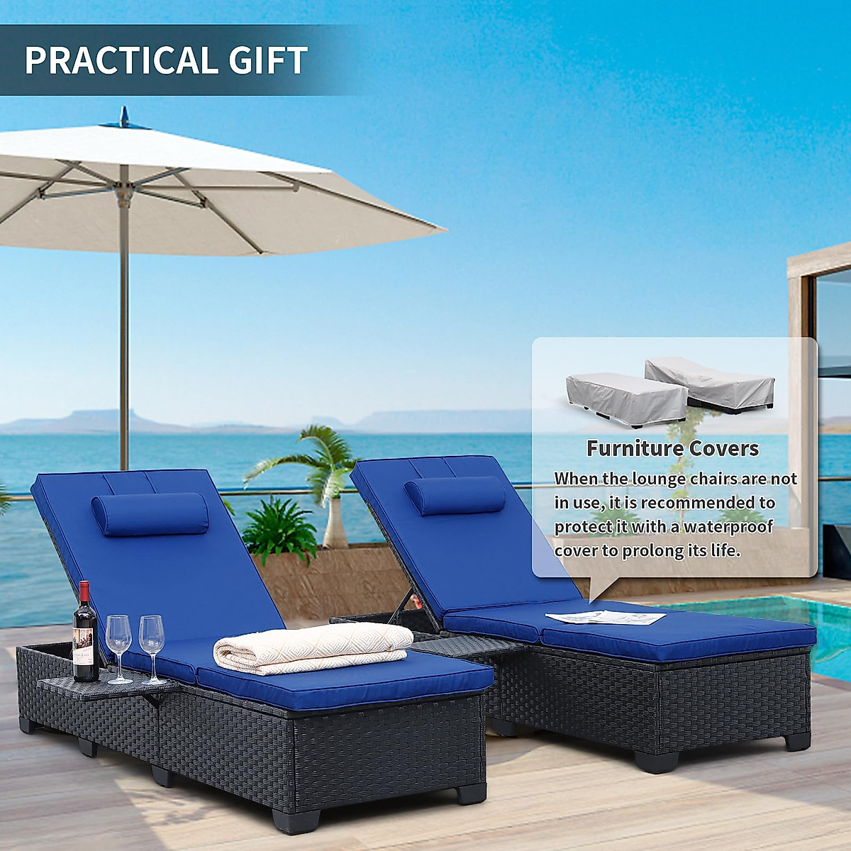 WAROOM Outdoor Chaise Lounge Chair PE Wicker Patio Furniture Set of 2 Black Rattan Pool Lounge Chairs Adjustable Backrest Recliners with Royal Blue Cushion