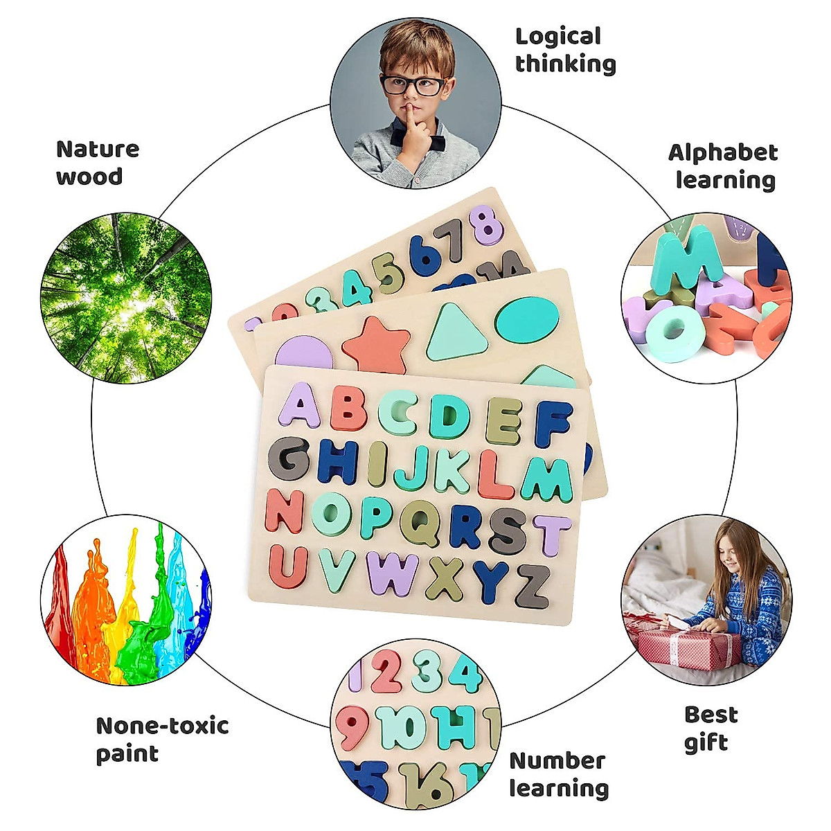 Wooden Puzzles for Toddlers, LENNYSTONE Alphabet Number Shape Puzzles Toddler Preschool Education Learning Toys for Kids Age 3 4 5 Year olds