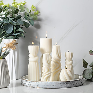 Threlaco 6 Pcs Small Pillar Candles Aesthetic Candle Modern Ribbed Candles Set Cute Soy Wax Scented Ribbed Candle Twirl Geometric Decorative Candles for Home Decor for Living Room Bathroom(White)