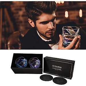 Old Fashioned Whiskey Glasses Set of 2, 10oz Colorful Rock Glasses with 2 Coasters, Couple Whiskey Tumbler Set, Cool Design Cocktail Bourbon Scotch Glasses Gifts for Men, Perfect Whiskey Gifts for Him