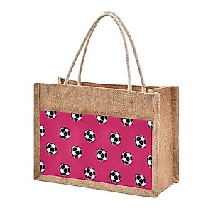 Jute Tote Burlap Bag Soccer Football Sports Purple Pink Gift Bag Women DIY Work Grocery Storage Bag