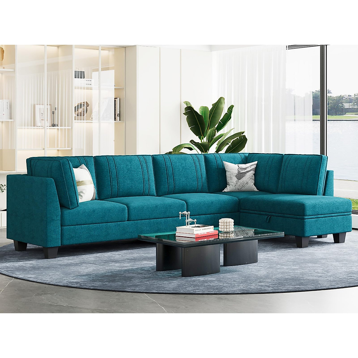Belffin 4 Seater Sectional Sofa with Reversible Chaise, L Shaped Sofa Sectional Couch with Convertible Storage Ottoman Peacock Blue