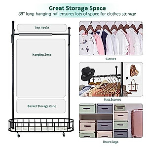 jxgzyy Clothing Rack Metal Garment Rack with Basket Rolling Clothes Rack with Hanging Rod Wardrobe Rack on Wheels Multi-functional Closet Rack for Bedroom Cloakroom Laundry