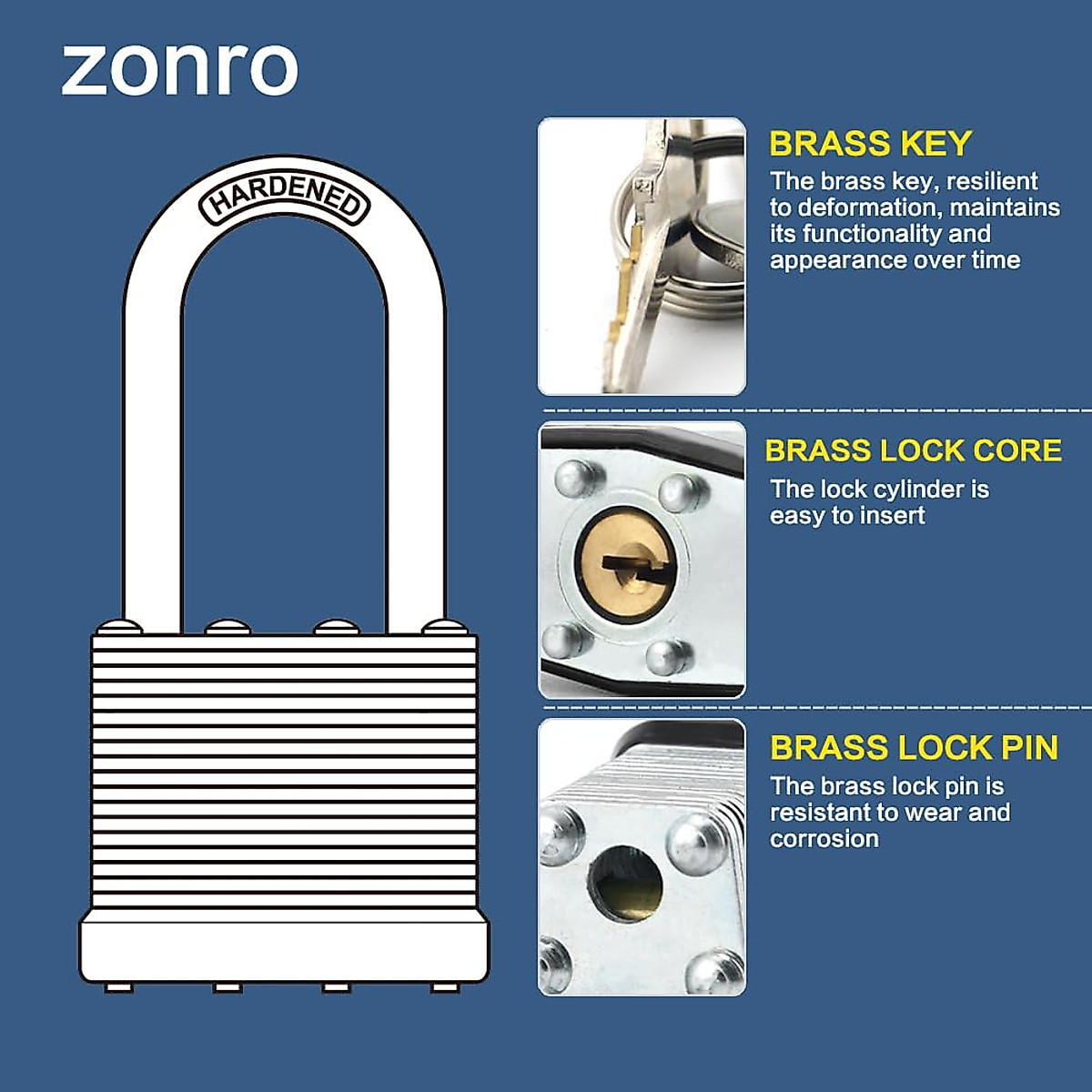 ZonRo Locks Laminated Steel Keyed Padlocks Keyed Alike Locks, Long Shackle Padlocks, for Hasp Latch, Sheds, Fences, Storage Locker, School, Gym，Pack of 6